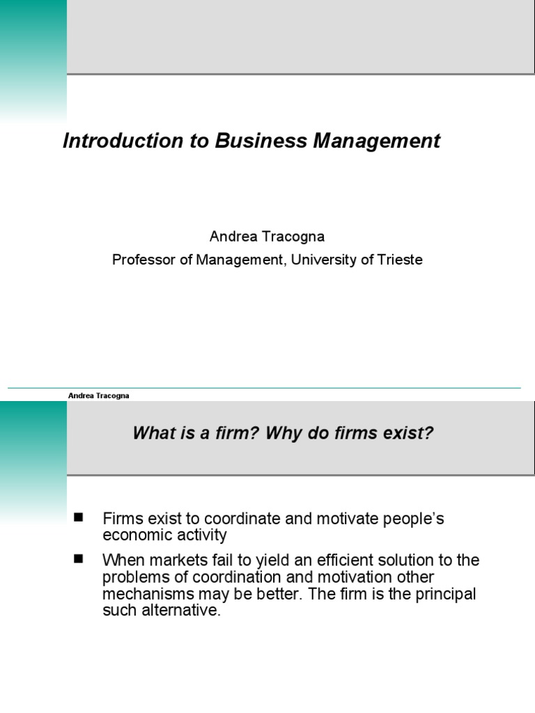 Introduction To Business Management: Andrea Tracogna Professor of ...