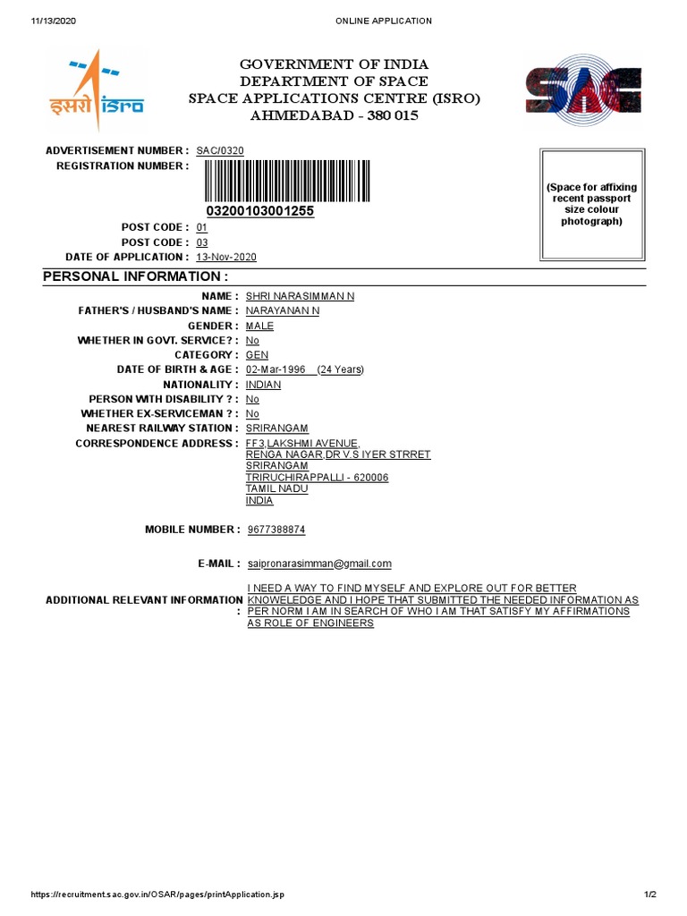 Government of India Department of Space Space Applications Centre (Isro ...