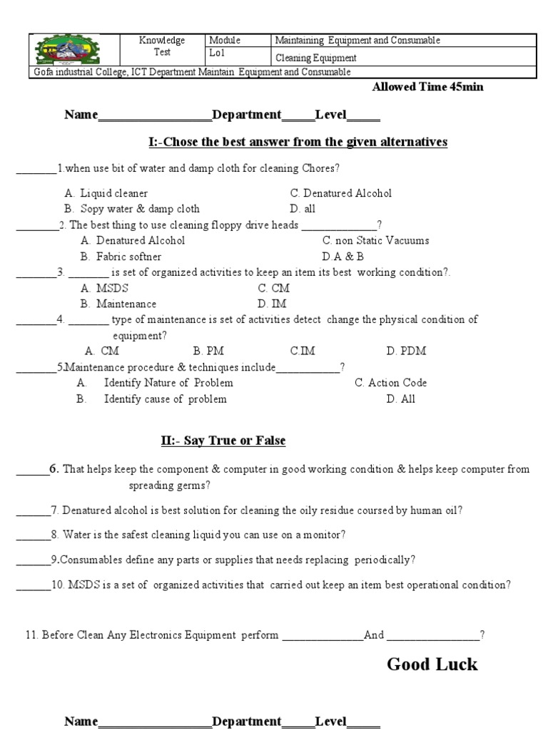 Name - Department - Level - I:-Chose The Best Answer From The Given ...