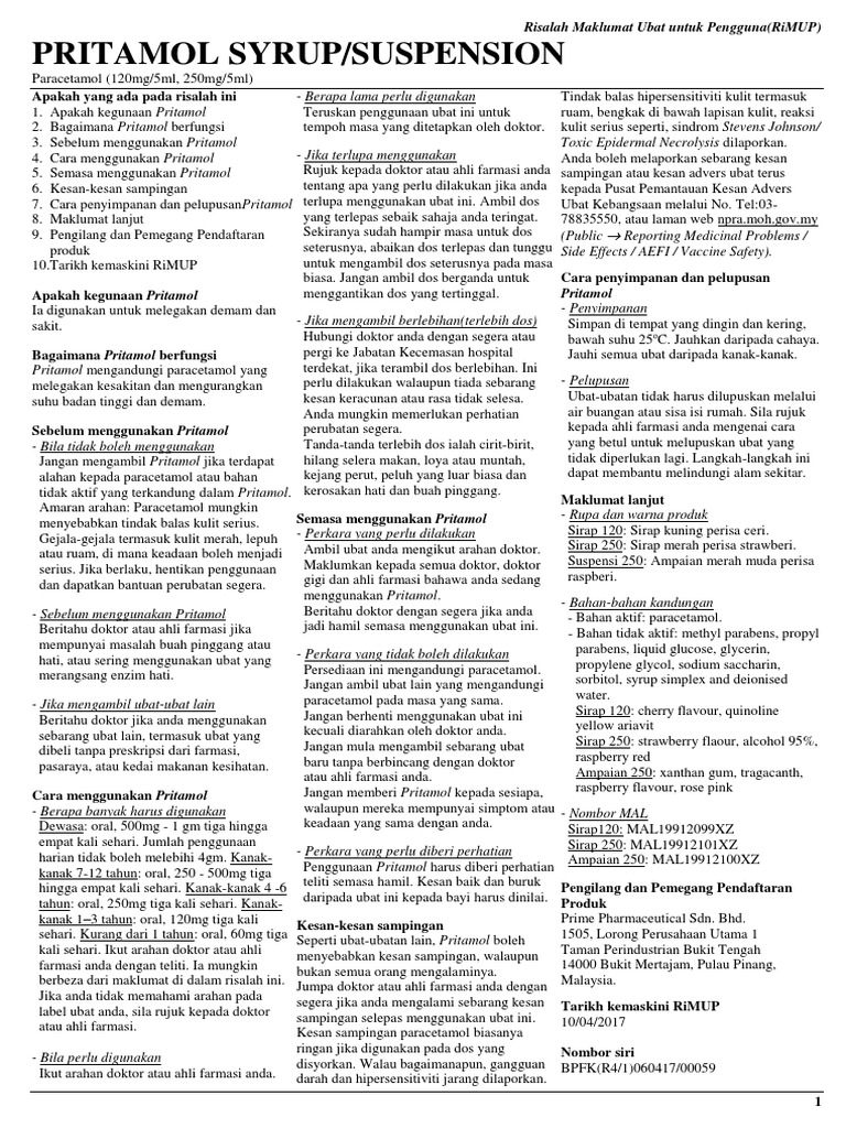 Pritamol Syrup and Suspension Paracetamol PRIME PHARMACEUTICAL SDN BHD ...