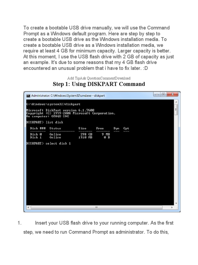 Step 1: Using Diskpart Command: Add Tipask Questioncommentdownload | Download Free PDF | Usb ...