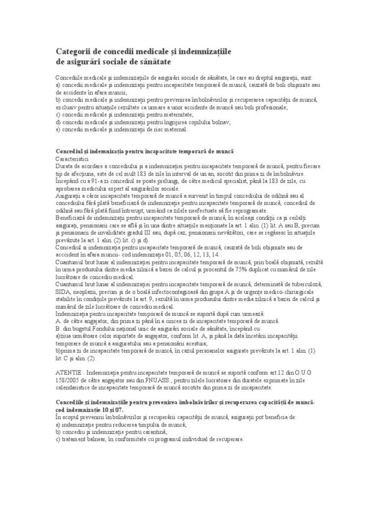 Categorii de Concedii Medicale Şi Indemnizaţiile PDF | PDF