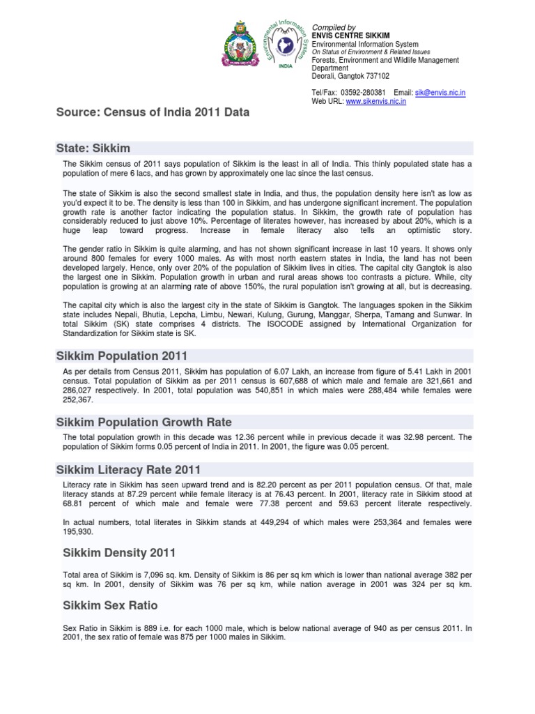Web-Sikkim Census 2011 Data | PDF | Literacy