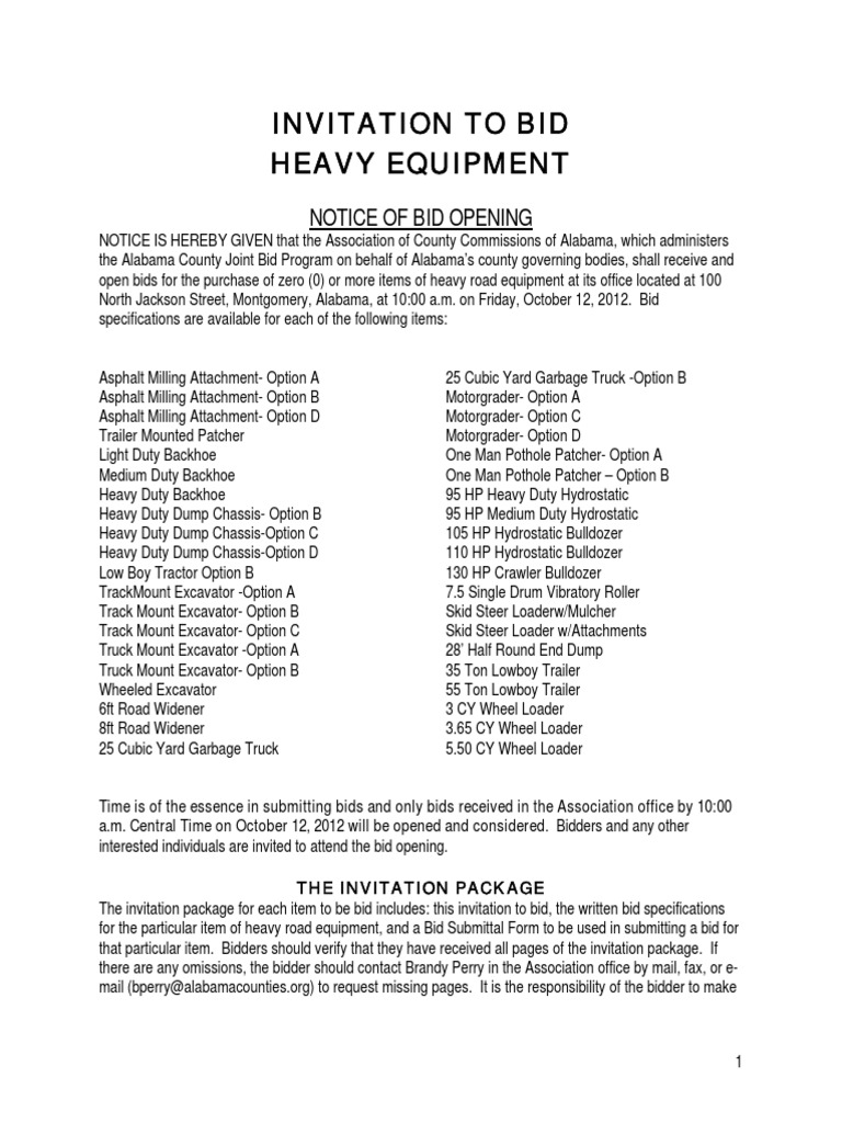Invitation To Bid Heavy Equipment: Notice of Bid Opening | PDF | Loader ...