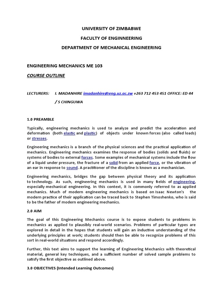 Engineering Mechanics Course Outline | PDF | Engineering | Mechanics