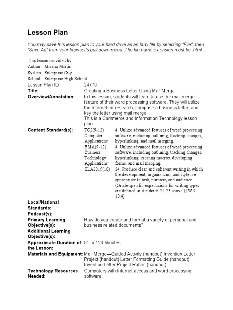 Lesson Plan Mail Merge | PDF | Rubric (Academic) | Html