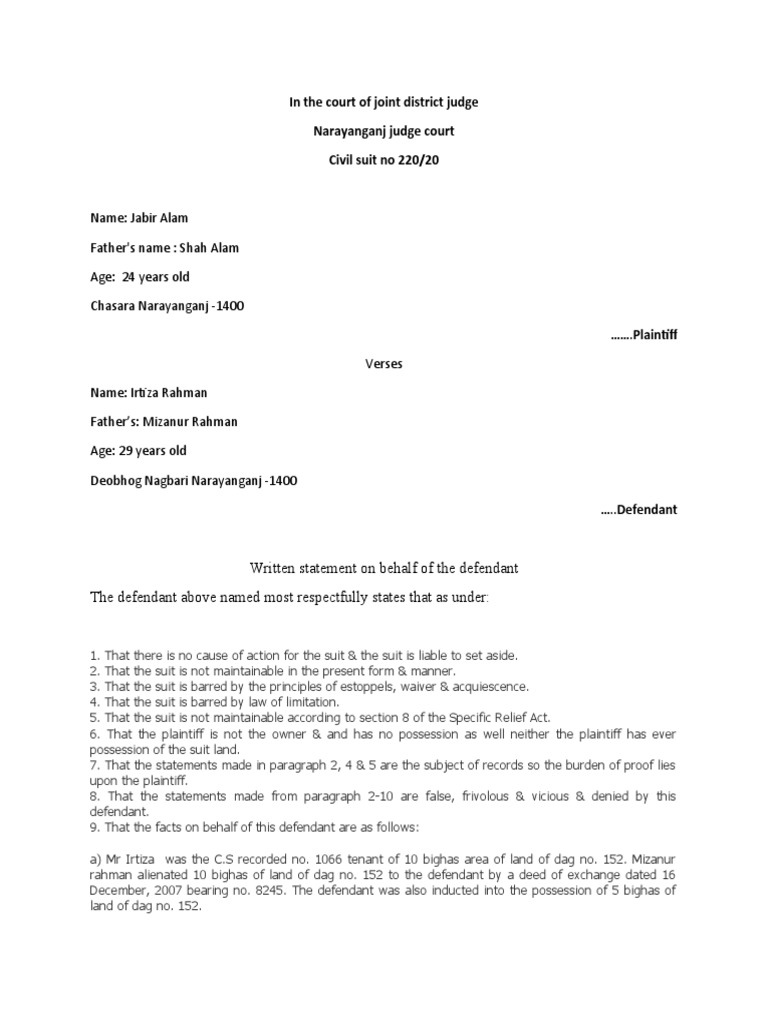 In The Court of Joint District Judge Narayanganj Judge Court Civil Suit ...