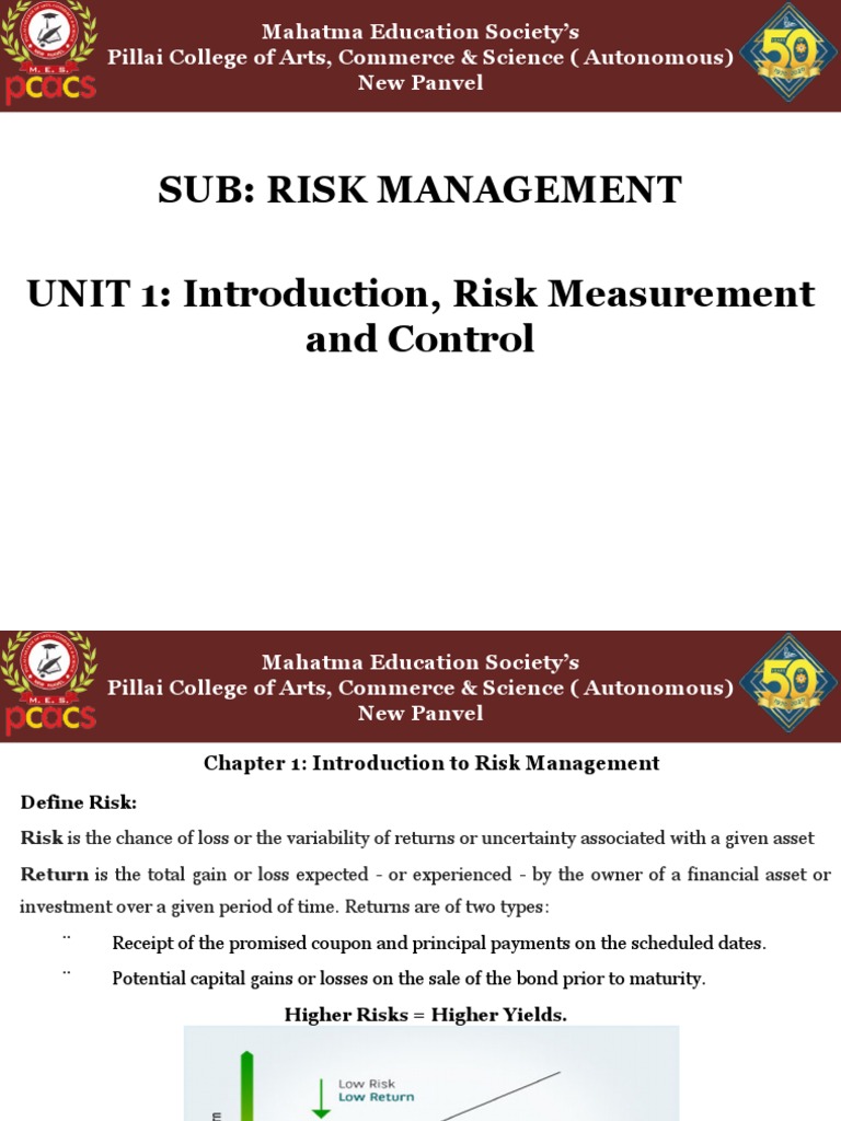 Sub: Risk Management UNIT 1: Introduction, Risk Measurement and Control ...