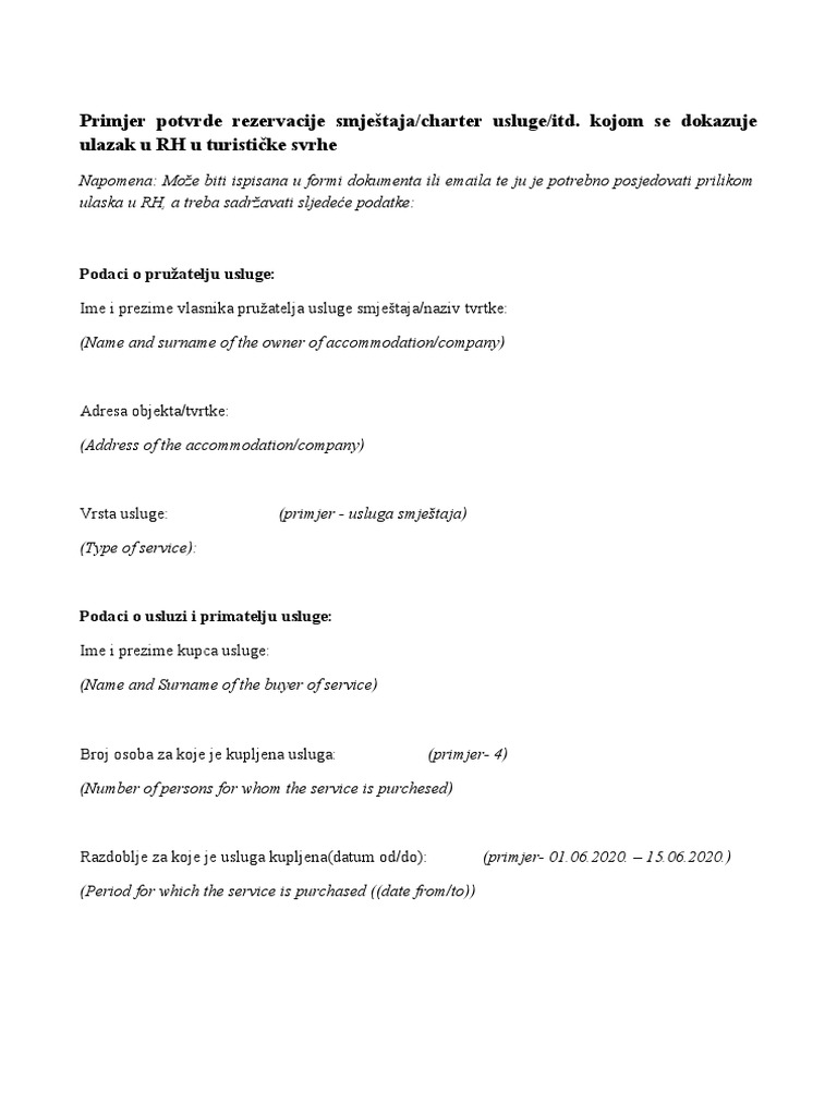 Primjer Potvrde Rezervacije | PDF