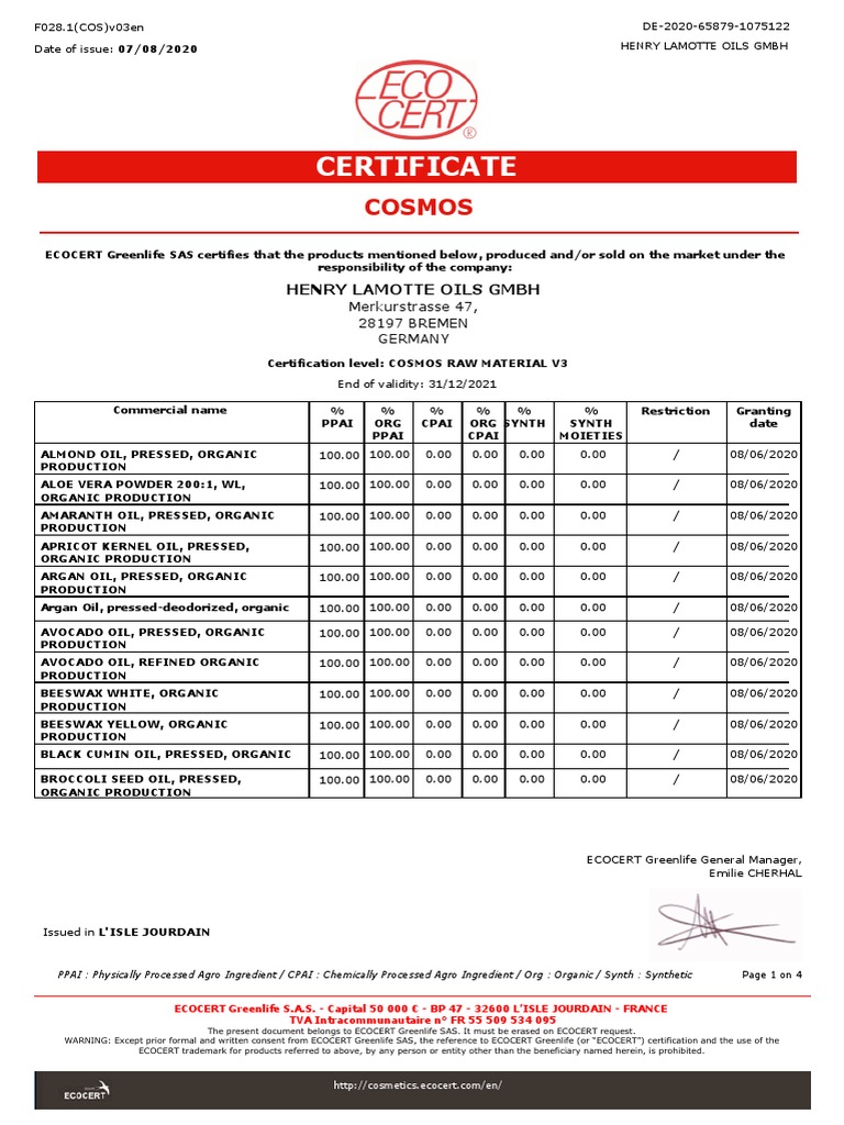 Ecocert Certificate | Download Free PDF | Liquids | Chemical Compounds