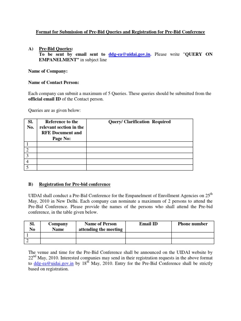 Format For Submission of Pre-Bid Queries and Registration | PDF