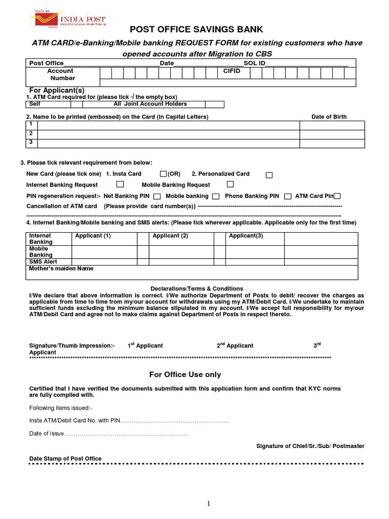 Post Office ATM and Net Banking Form | PDF | Automated Teller Machine ...