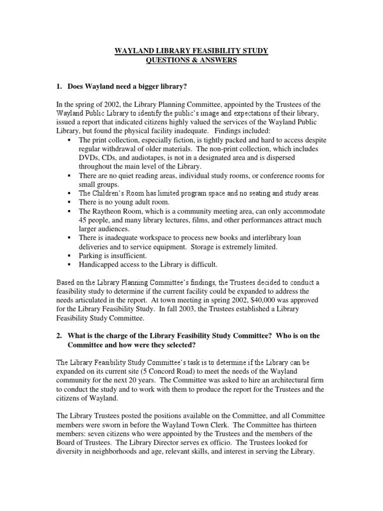 Wayland Library Feasibility Study Questions & Answers | PDF | Architect ...