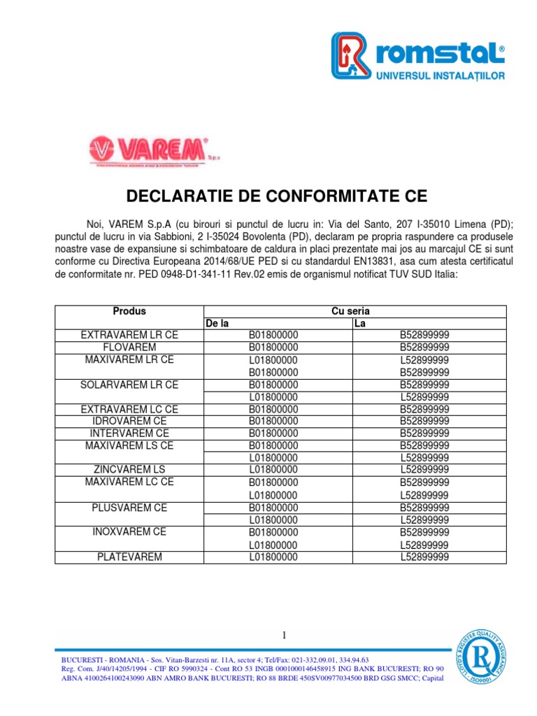 Declaratie de Conformitate Ce: Cu Seria Produs de La La | PDF | Banks | Institutional Investors