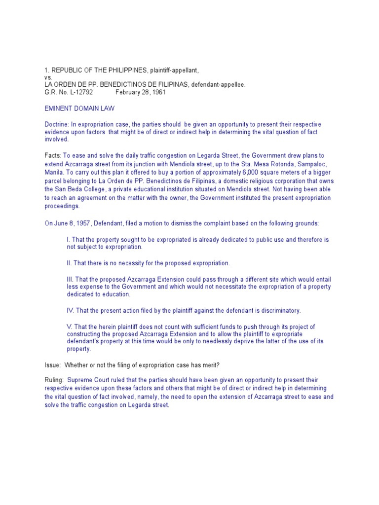 POLITICAL LAW REVIEW SYLLABUS CASES Digest | PDF | Eminent Domain | Just Compensation