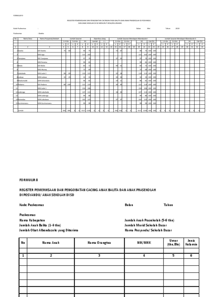 Register Pemeriksaan Dan Pengobatan Cacingan Pada Balita Dan Anak ...
