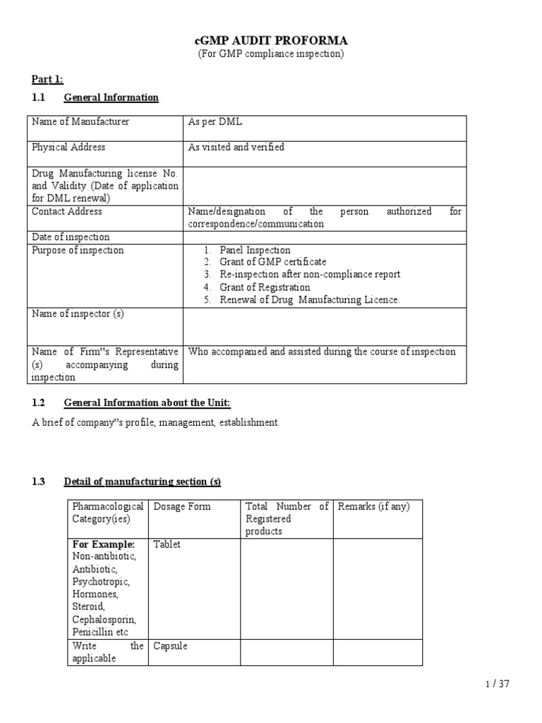 cGMP Audit Proforma for Pharma Compliance | PDF | Verification And ...