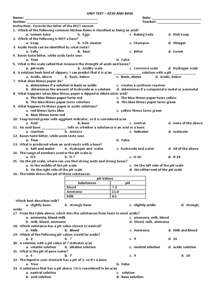 25 Unit Test Acid and Base Answer Key | PDF | Acid | Ph