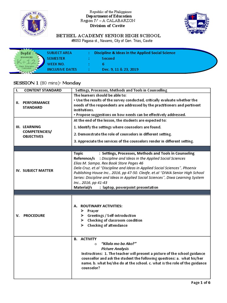 Lesson Plan Diass Week 6 Pdf School Counselor Psychotherapy