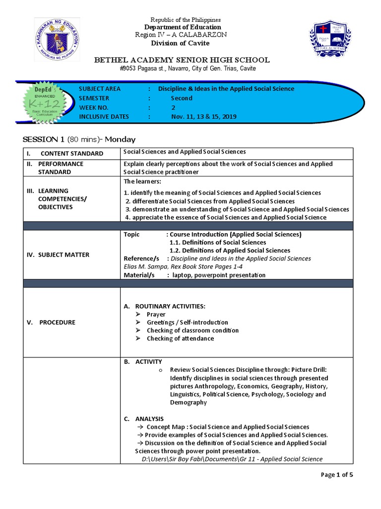 LESSON PLAN DIASS Week 2 | PDF | Social Science | Psychotherapy