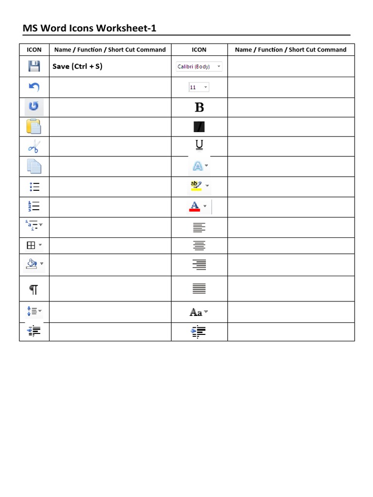 MS Word Icons Worksheet-1: Save (CTRL + S) | PDF