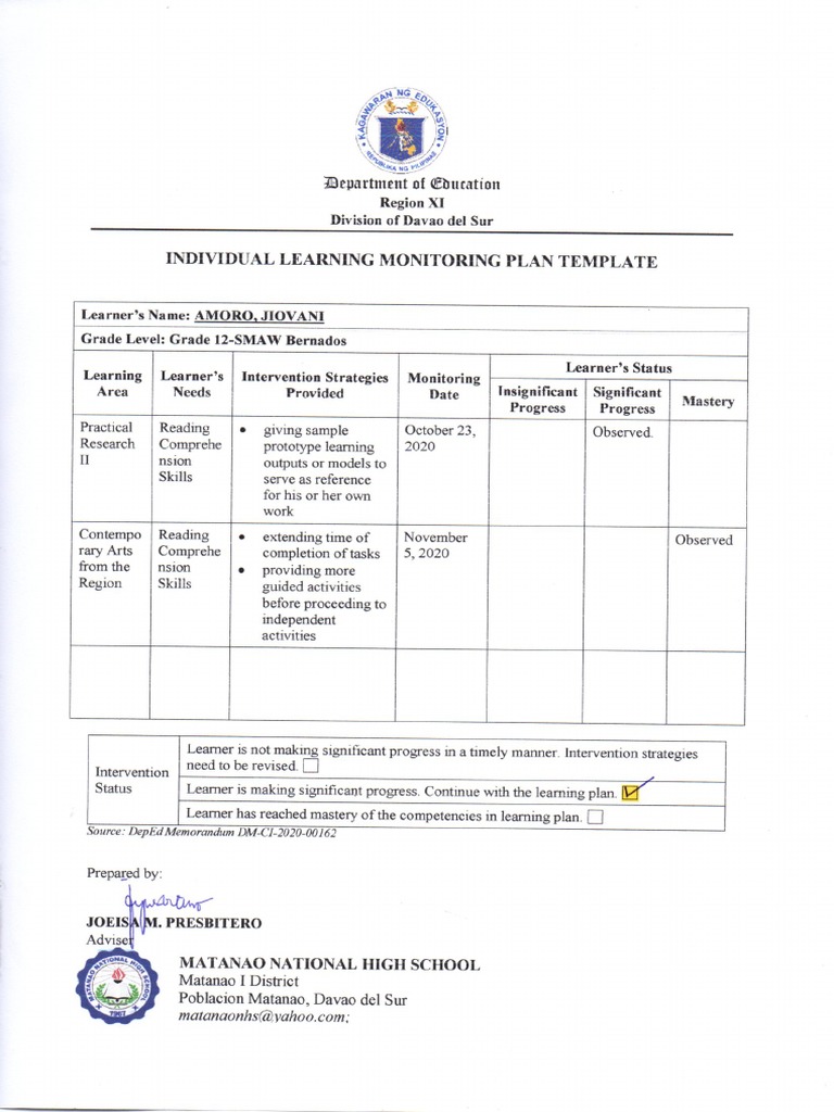 INDIVIDUAL LEARNING MONITORING PLAN TEMPLATE - Joeisa | PDF