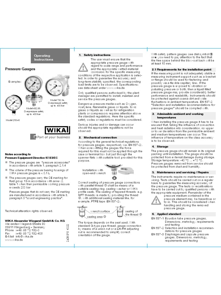 Operating Instructions: Pressure Gauges | PDF | Pressure Measurement ...
