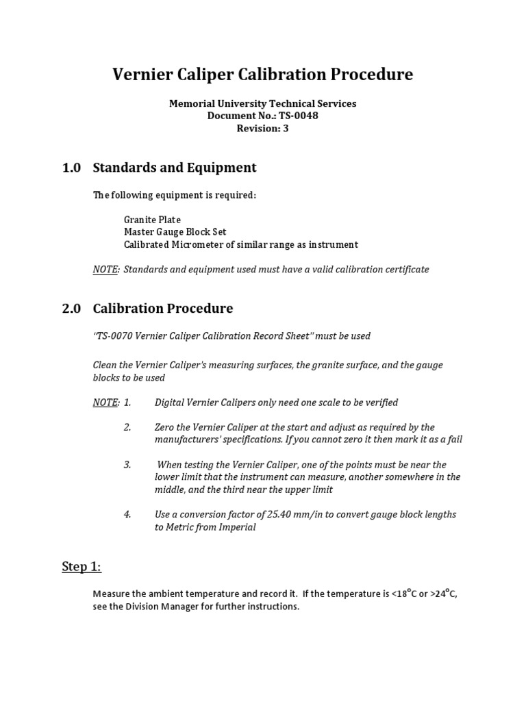 Vernier Caliper Calibration Procedure: 1.0 Standards and Equipment ...