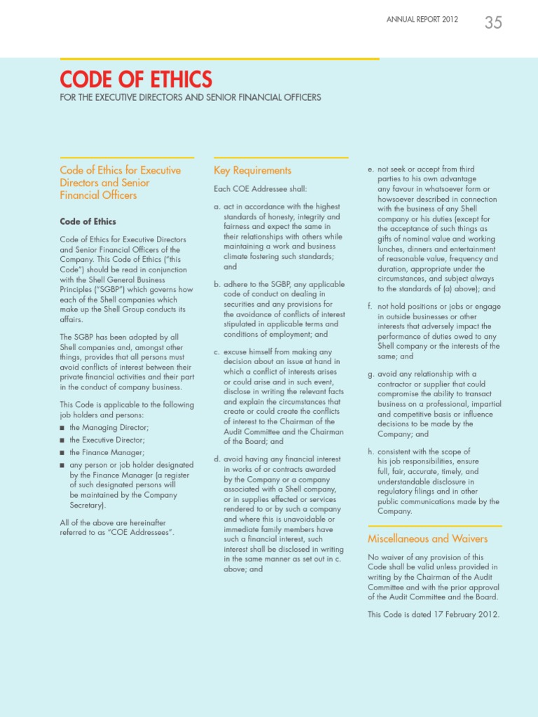 Code of Ethics: Code of Ethics For Executive Directors and Senior ...