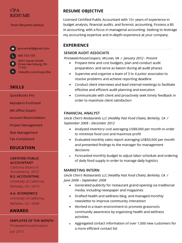 CPA Resume Sample and Template | PDF | Certified Public Accountant ...