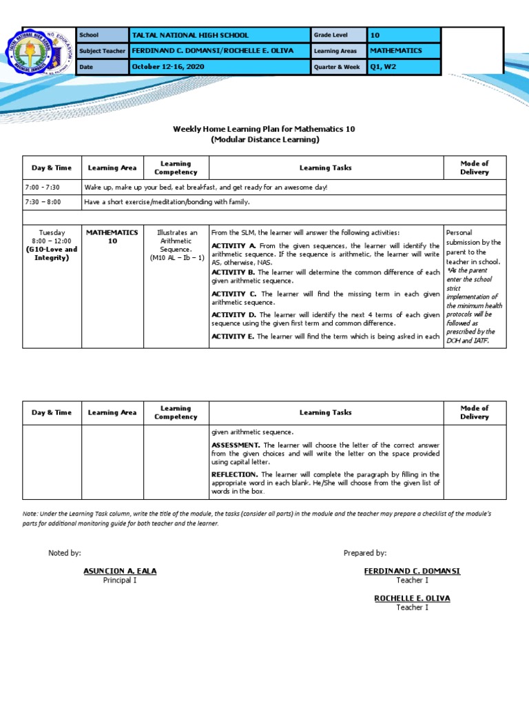 Weekly Home Learning Plan For Mathematics 10 (Modular Distance Learning ...