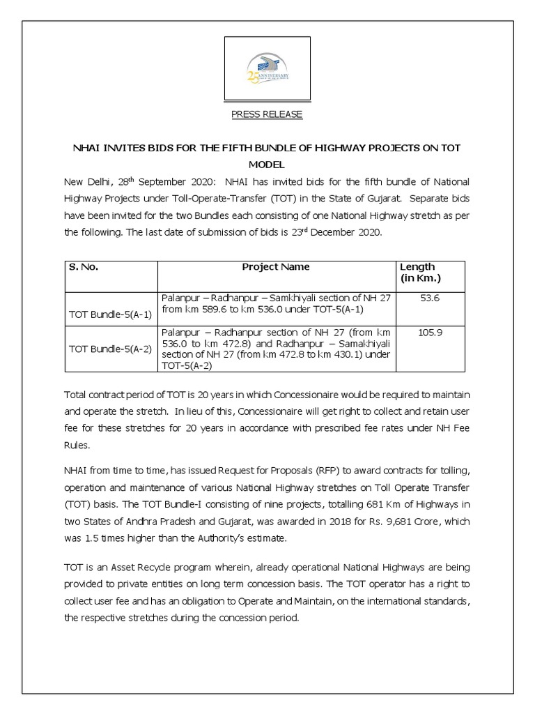 Nhai Invites Bids For The Fifth Bundle of Highway Projects On Tot Model ... Nhai Invites Bids For The Fifth Bundle of Highway Projects On Tot Model ...