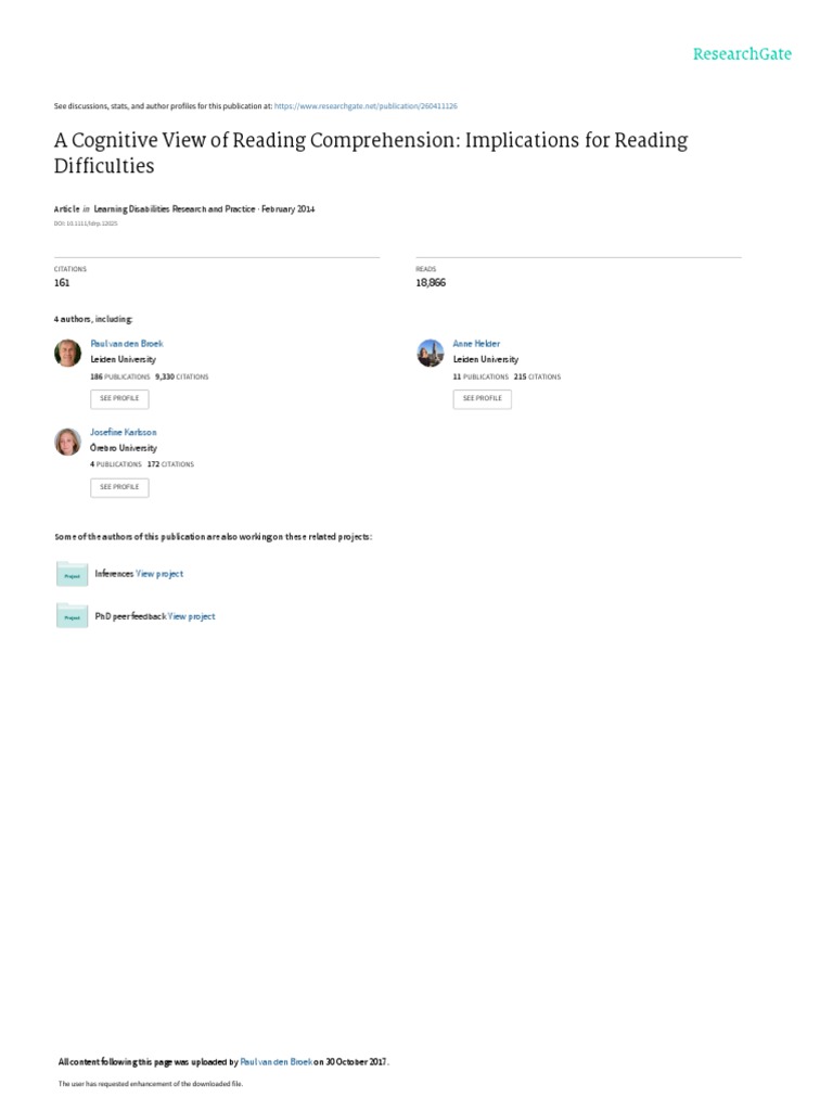 A Cognitive View of Reading Comprehension: Implications For Reading Difficulties | PDF | Reading ...