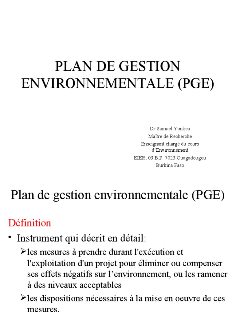 Plan de Gestion Environnementale (Pge) | PDF | Environnement naturel ...