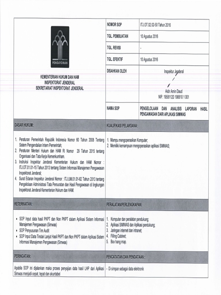 SOP Pengelolaan Dan Analisis Laporan Hasil Pengawasan Dari Aplikasi Simwas PDF | PDF