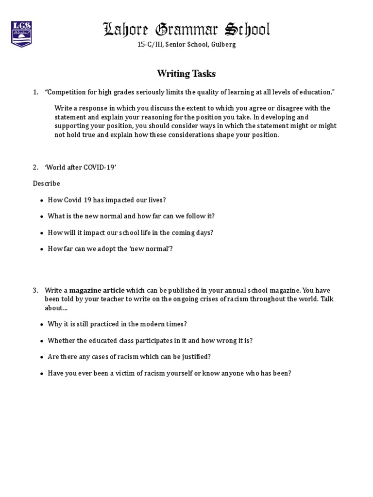 Writing Tasks for Lahore Grammar School | PDF | Roanoke Colony