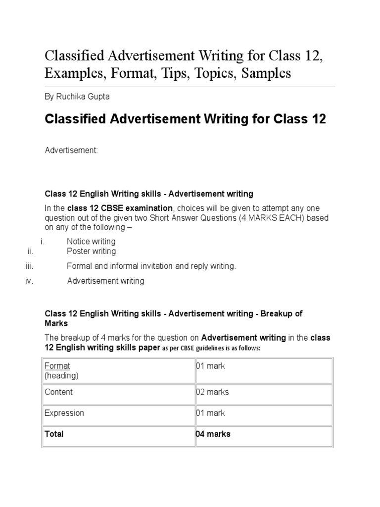 Advertisement Writing For Class 12 | PDF | Advertising | Question