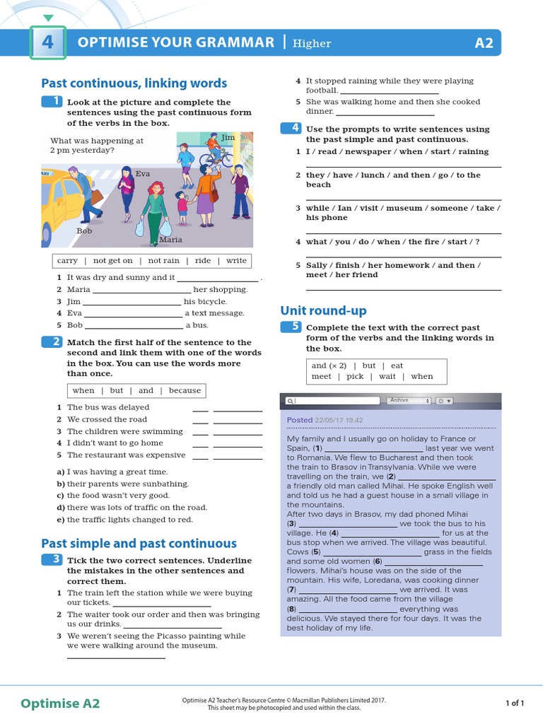 Optimise Your Grammar - A2: Past Continuous, Linking Words | PDF | Foods