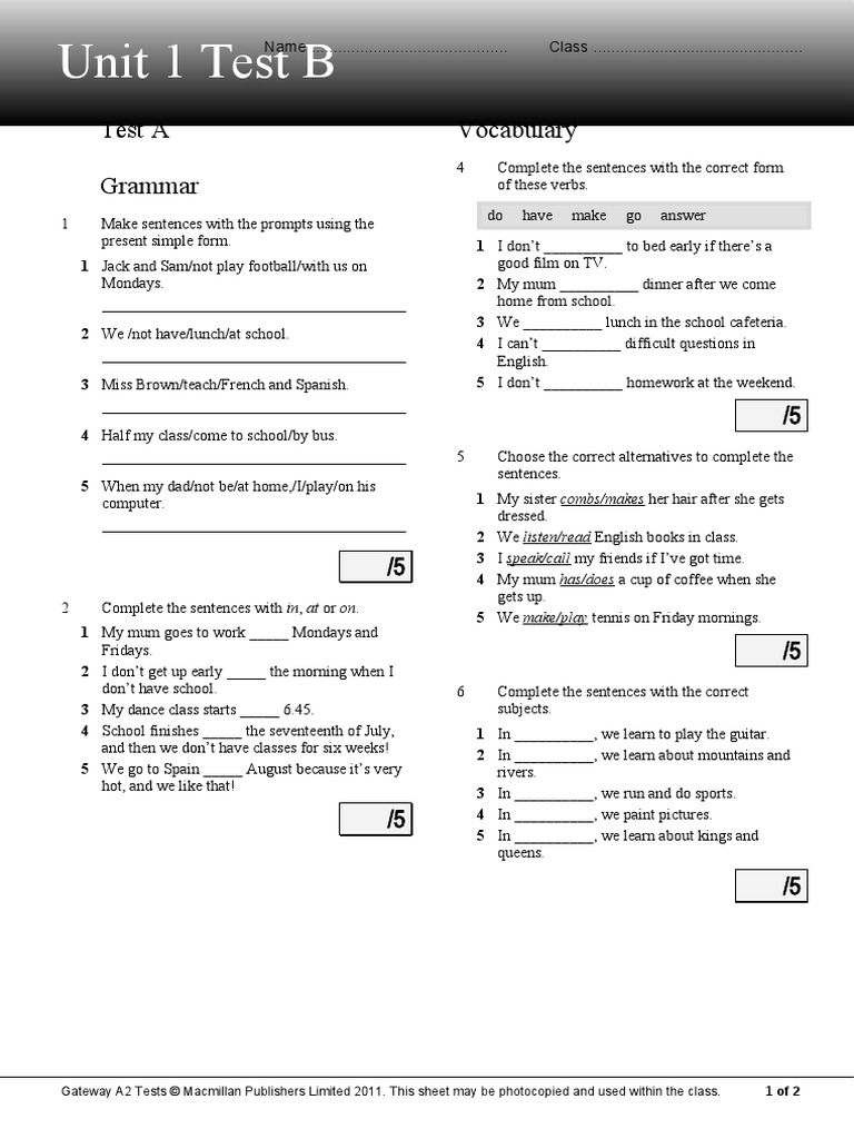 Unit 1 Test B: Test A Grammar Vocabulary | PDF | English Language ...