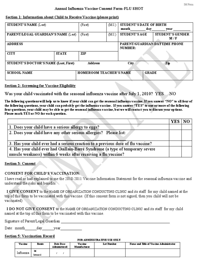 Annual Influenza Vaccine Consent Form-FLU SHOT Section 1: Information ...