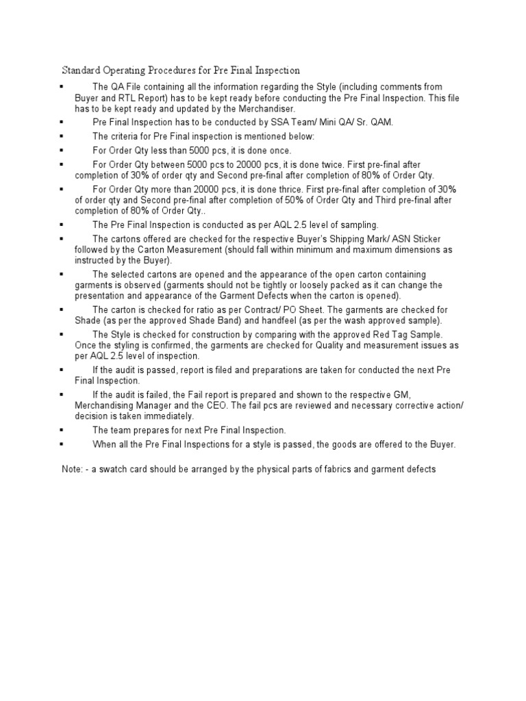 Pre Final Inspection SOP for Garments | PDF | Business