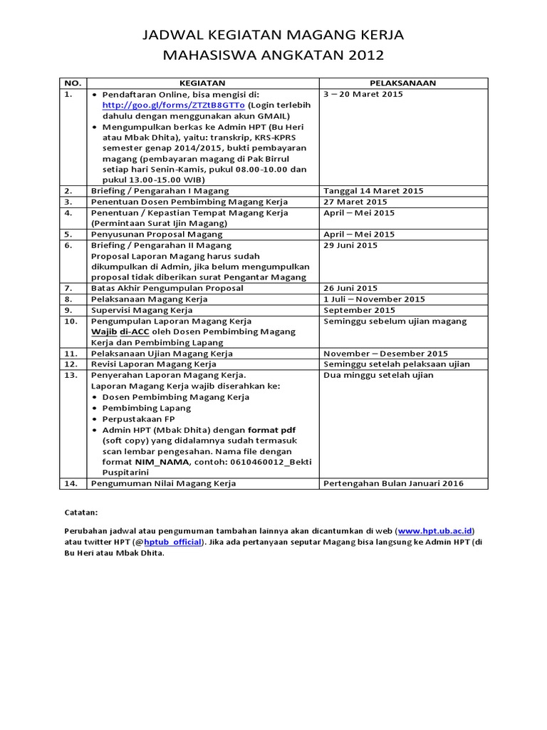 Jadwal Kegiatan Magang Mahasiswa 2015 | PDF