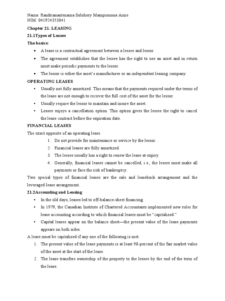 Chapter 21. LEASING 21.1types of Leases The Basics | PDF | Lease | Debt