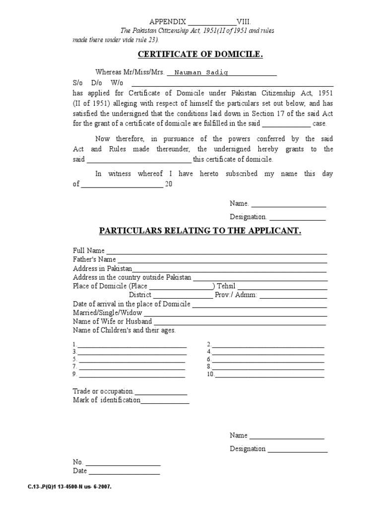 Certificate of Domicile.: The Pakistan Citizenship Act, 1951 (1I of ...