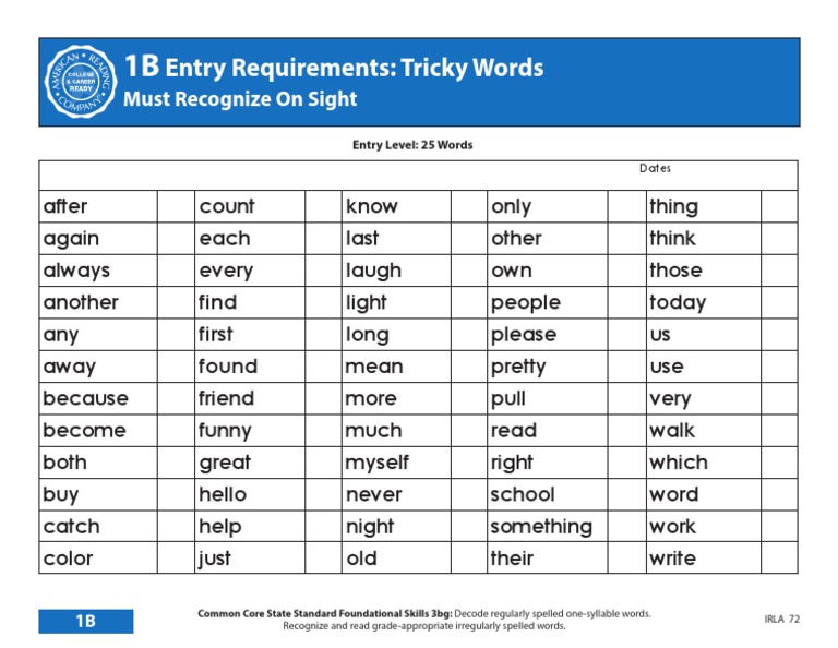1B Entry Requirements: Tricky Words Must Recognize On Sight | PDF