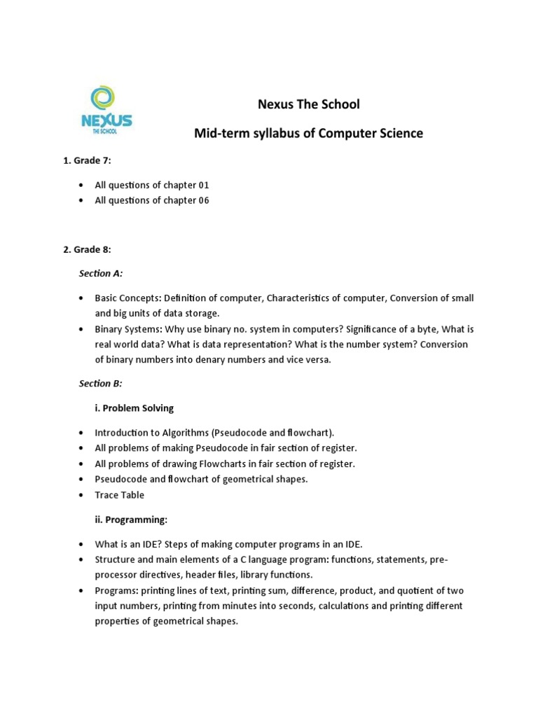 Nexus The School Mid-Term Syllabus of Computer Science: 1. Grade 7 ...