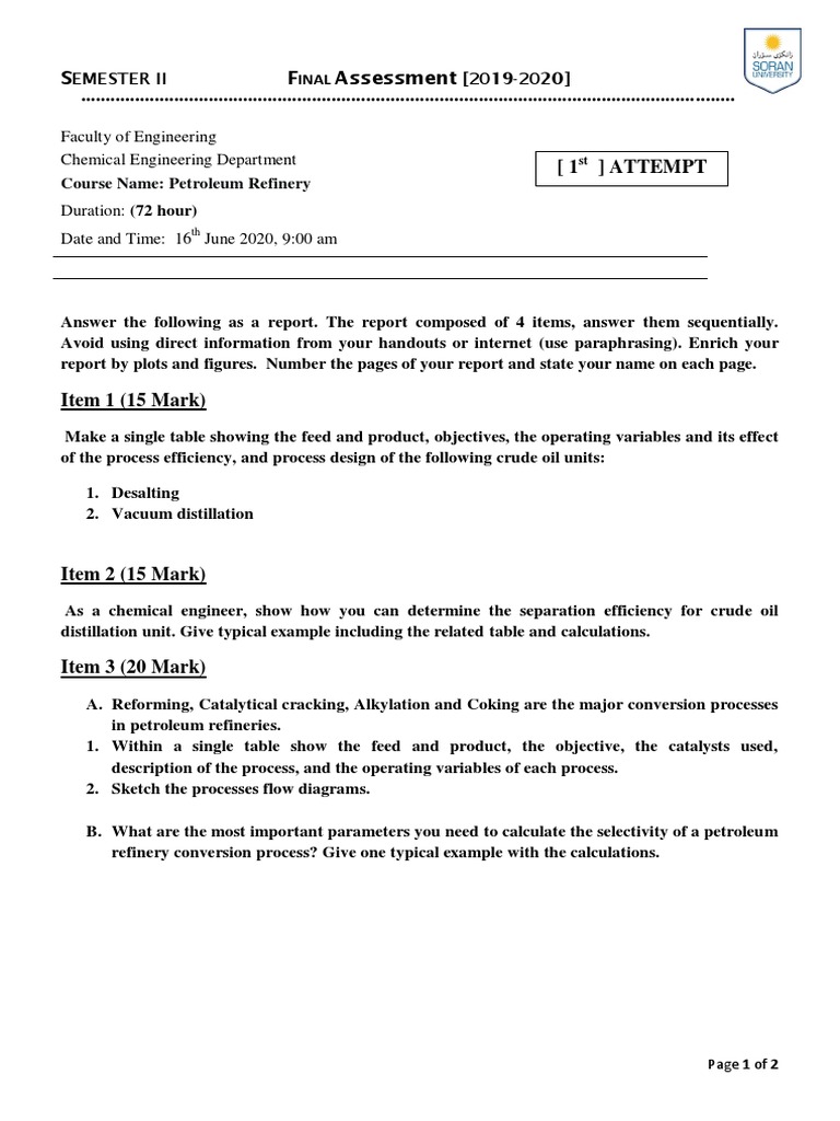 Final Assessment - 3rd Stage - Petroleum Refinery-1st Attempt-2019-2020 ...