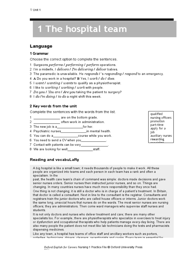 1 The Hospital Team: Language | PDF | Nursing | Hospital
