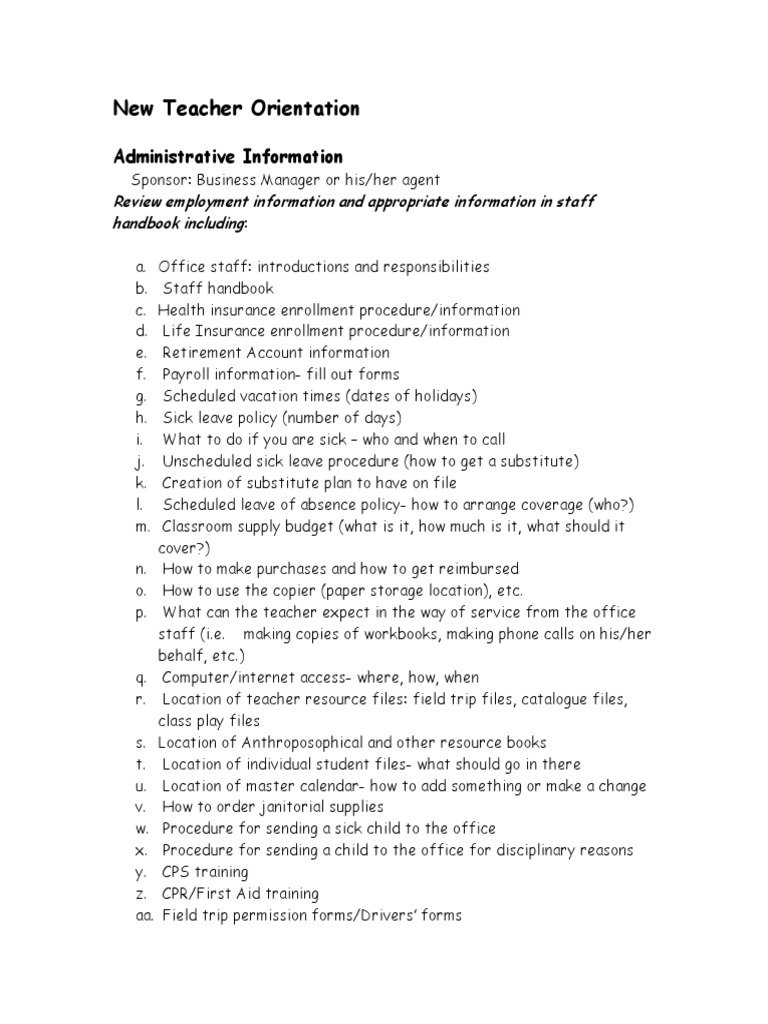 New Teacher Orientation: Administrative Information | PDF | Mentorship ...
