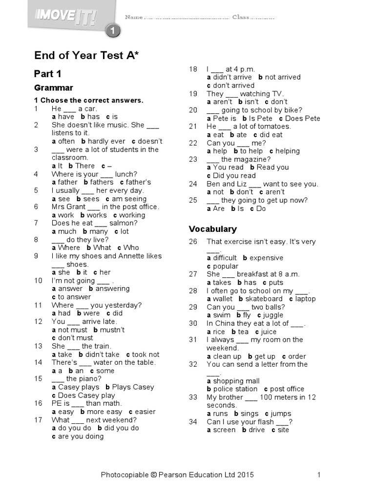 End of Year Test A : Grammar | PDF | Foods